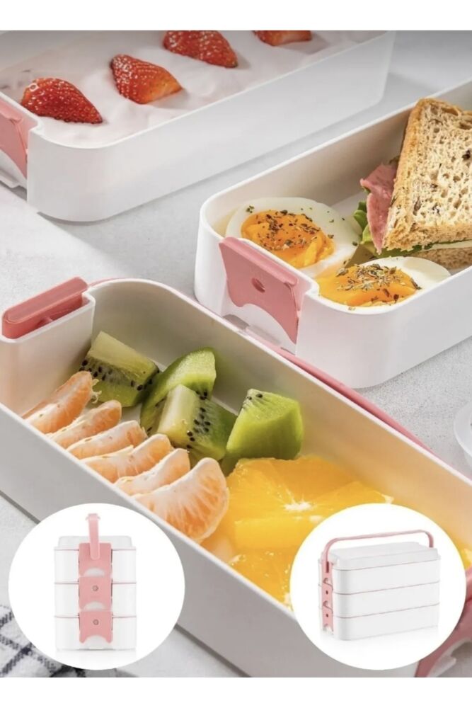 Pembe Beyaz 3 Katlı Bölmeli Öğrenci Beslenme Okul Saklama Kabı Iş Lunch Box Piknik Kabı ...